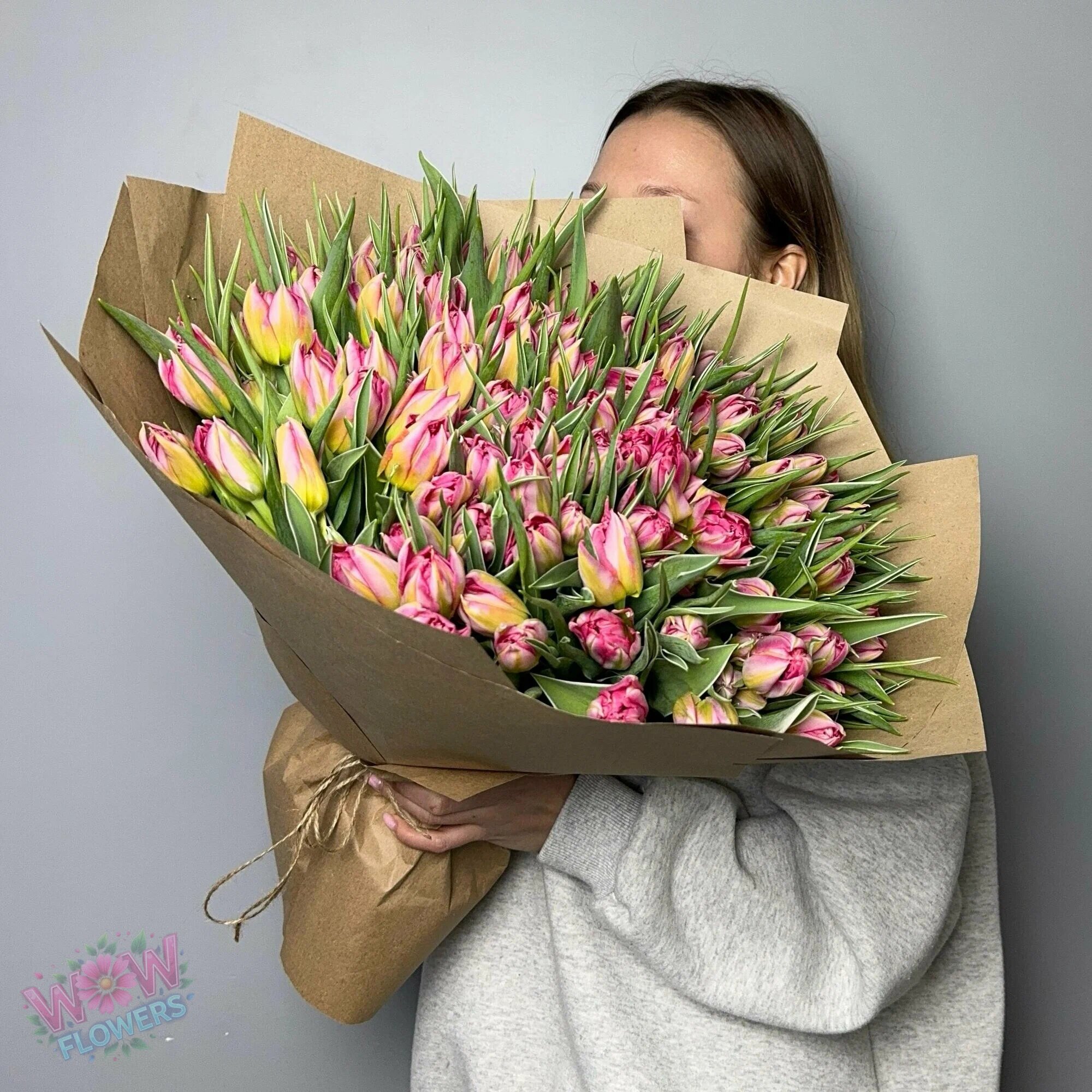 Букет Цветочный Вайб "WOW цветочки", тюльпаны, 99 шт, монобукет