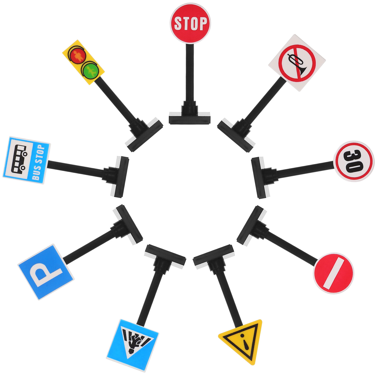 Набор пластиковых аксессуаров для самостоятельной сборки игрушек: городские дорожные знаки и железнодорожные сцены (9 различных дорожных знаков) - 9 штук.