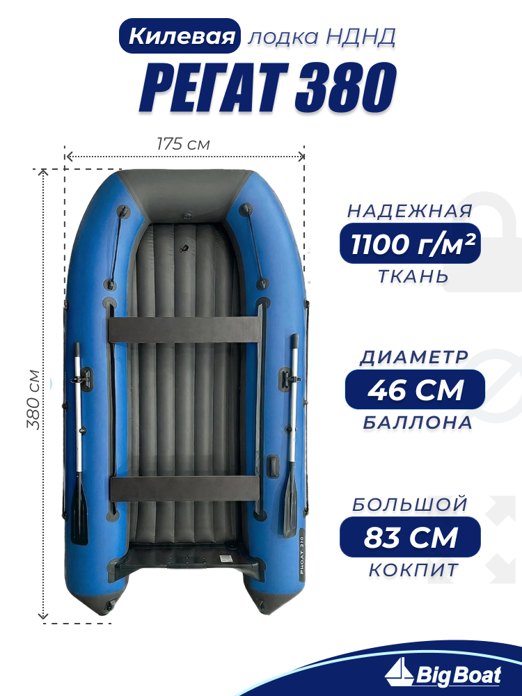 Надувная, под мотор, килевая лодка из ПВХ для рыбалки Regat (Регат) 380 НДНД