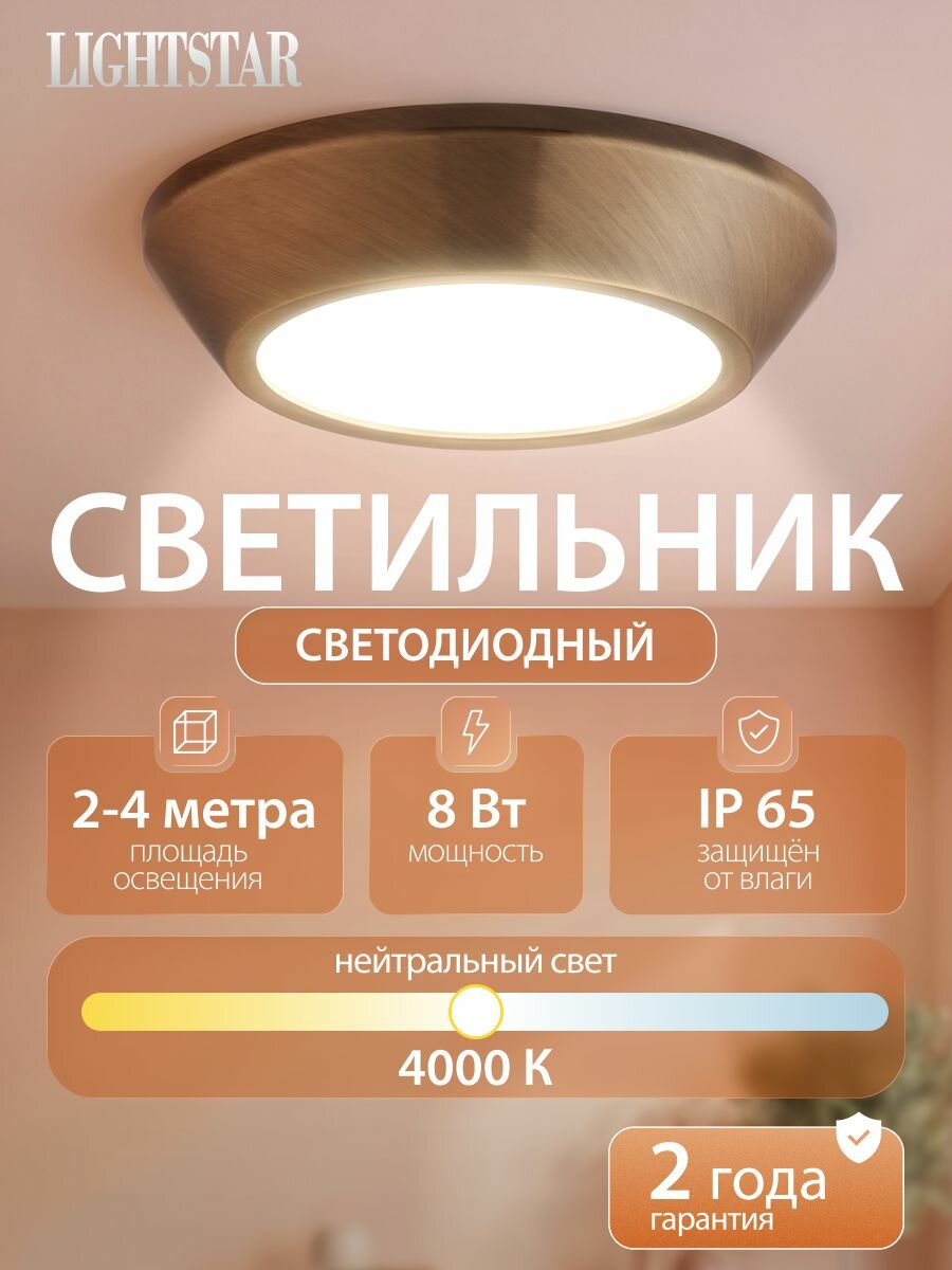 Светильник потолочный светодиодный влагозащищенный Lightstar URBANO 214714, IP65 для ванной и улицы, 4000K, 8W, круглый, бронза