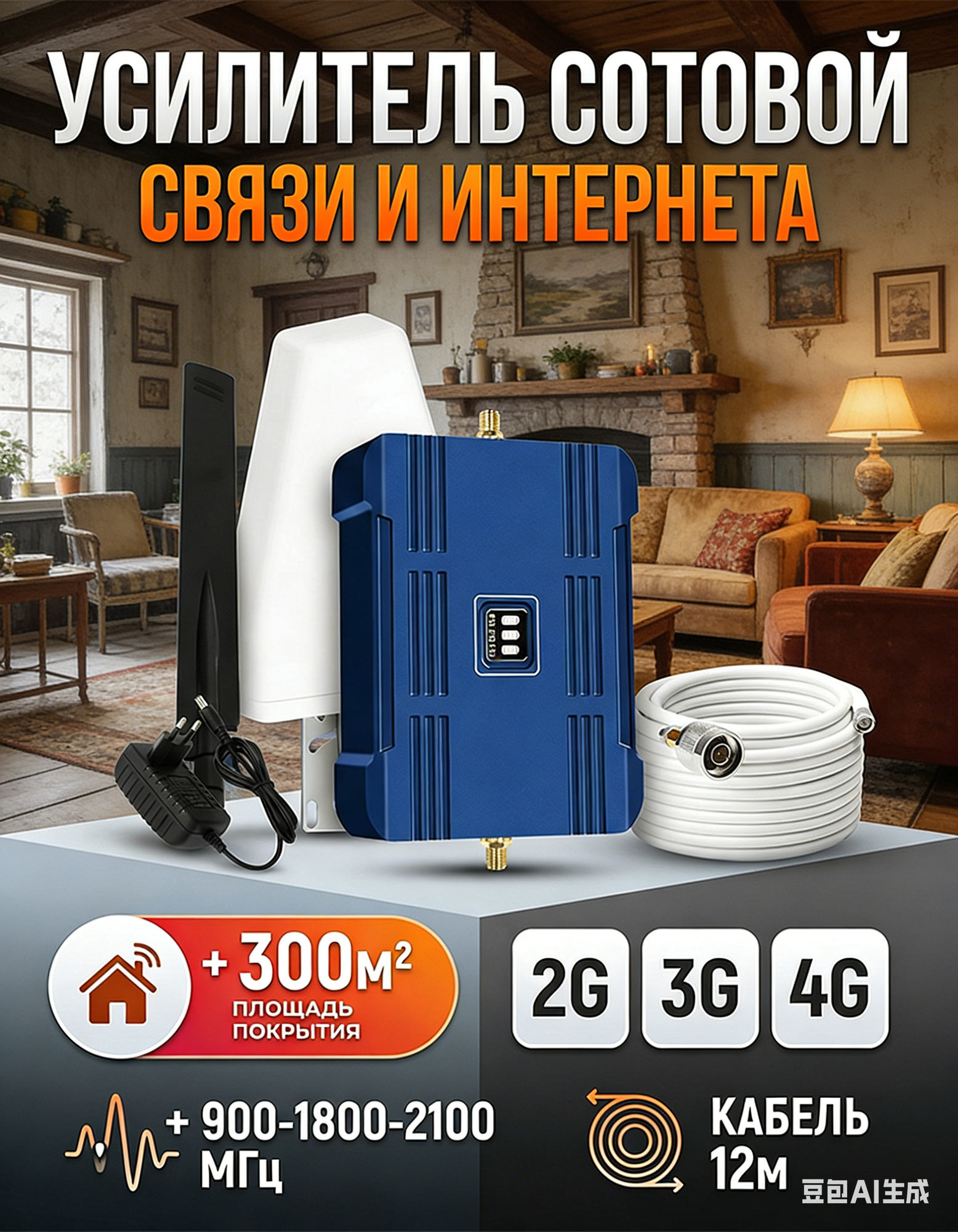 Усилитель сотовой связи 900/1800/2100 МГц (2G/3G/4G): до 70 км, направленный, синий, 1.3 кг
