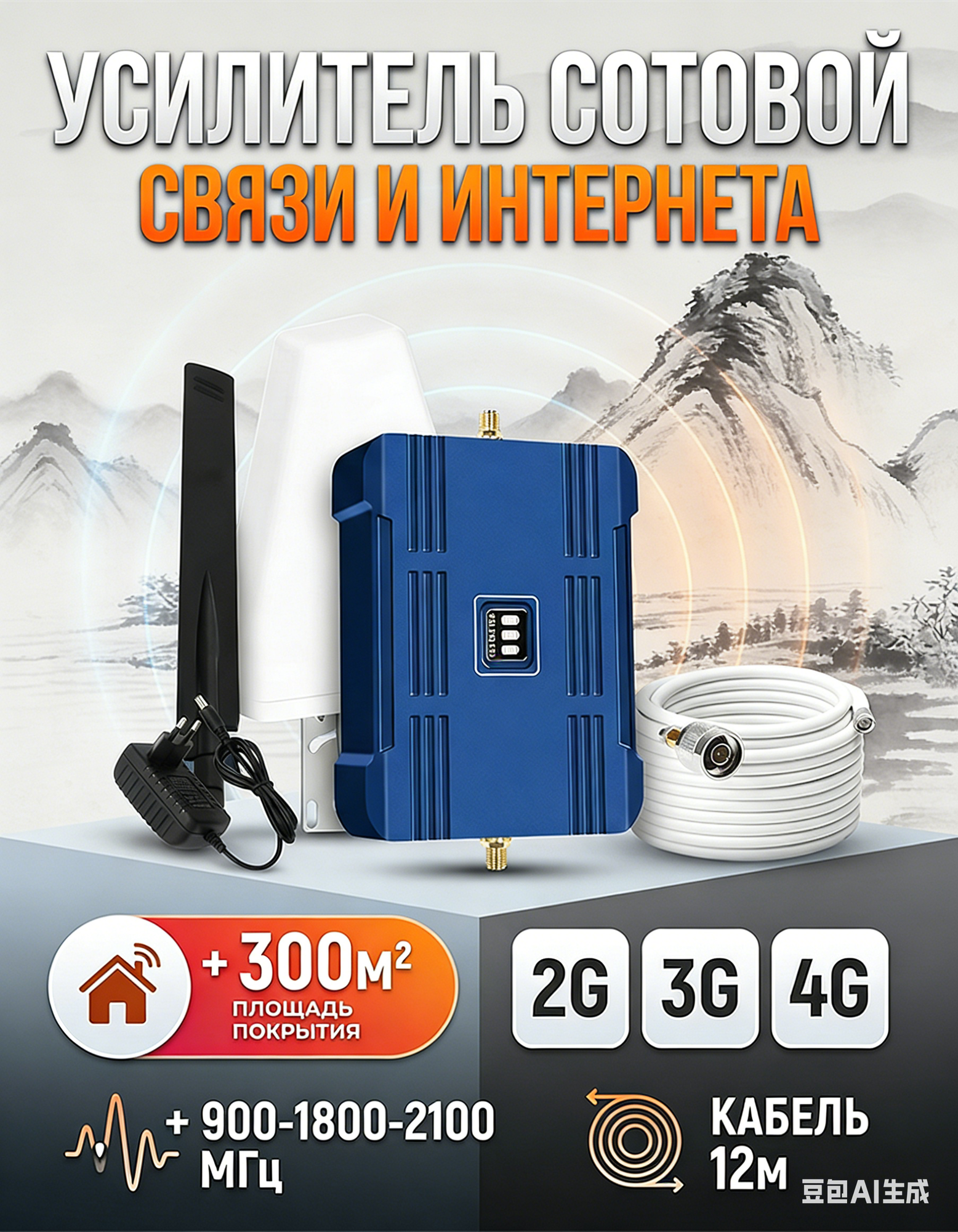 Усилитель сотовой связи 900/1800/2100 МГц (2G/3G/4G): до 70 км, направленный, синий, 1.3 кг