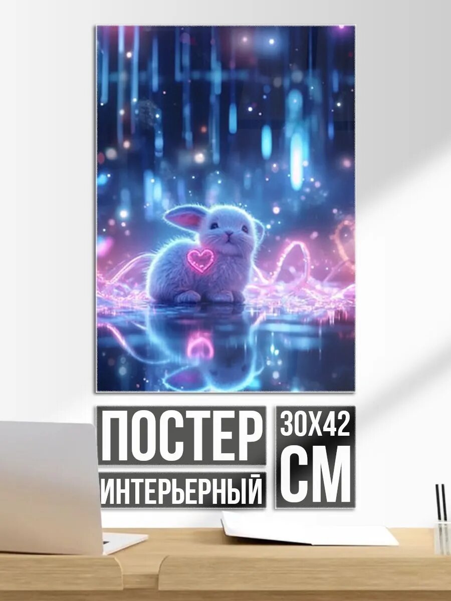 Постер на стену Белый зайчик с сердцем