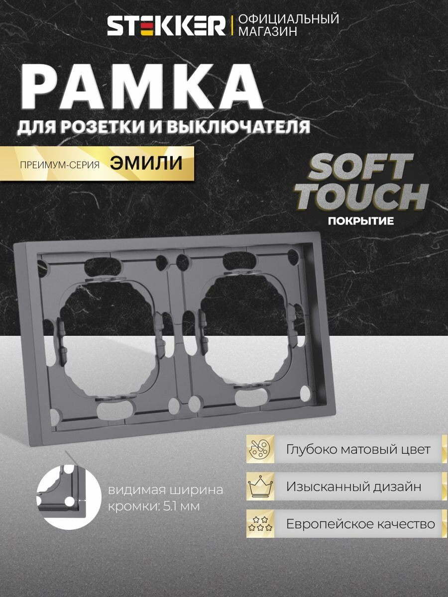 Рамка для розетки и выключателя, 2 поста, платиново-серый, Stekker PFR00-5002-10 Эмили 49963 2-х гнездовая платиново-серый