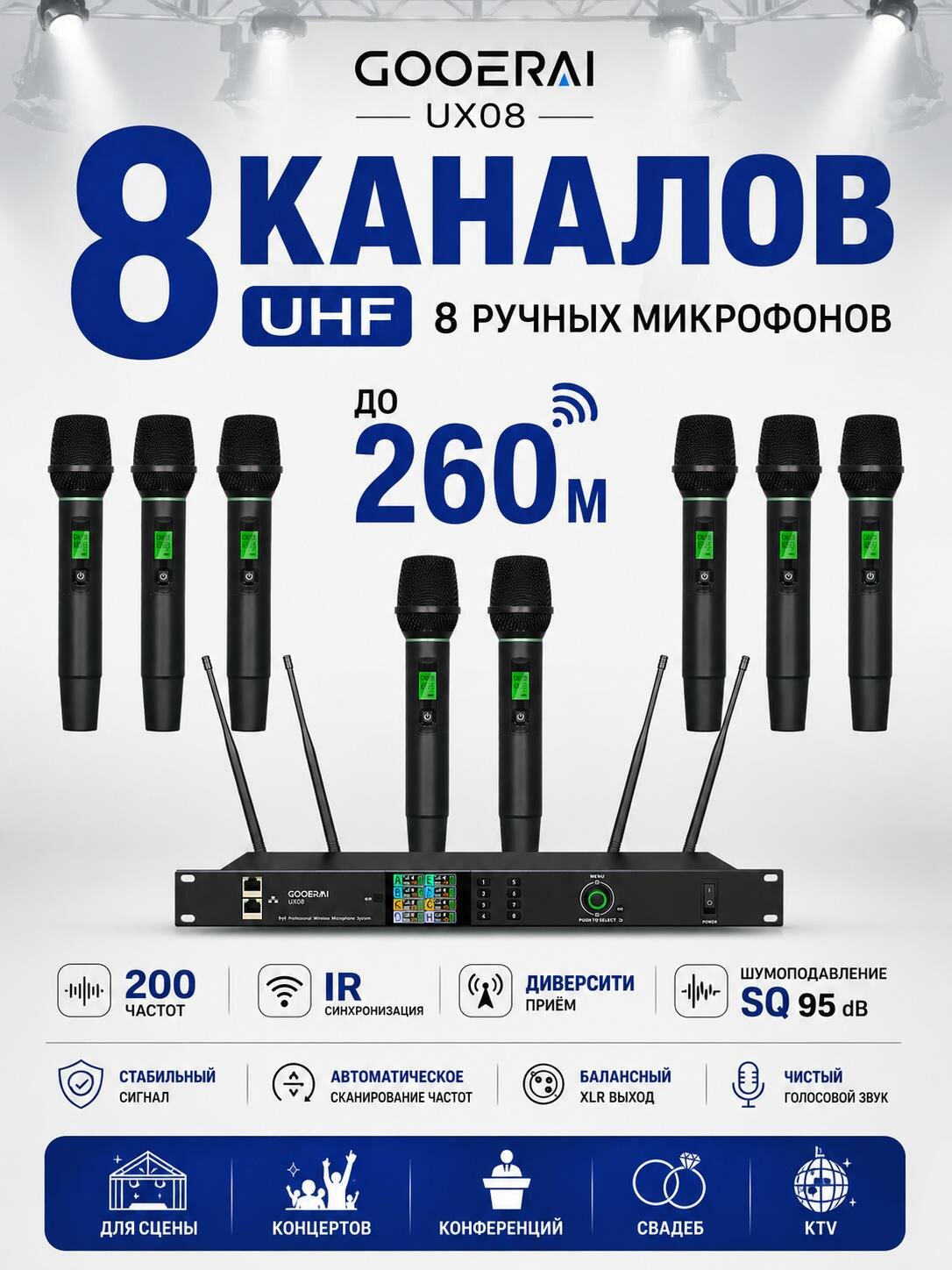 GOOERMI UX08 UHF беспроводные микрофоны 8 шт, True Diversity, IR синхронизация, 8 XLR выходов