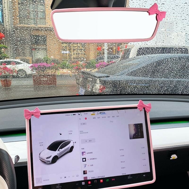 Защитный чехол из силикона для экрана Tesla Model Y и Model 3 с защитой зеркала и розовым бортиком