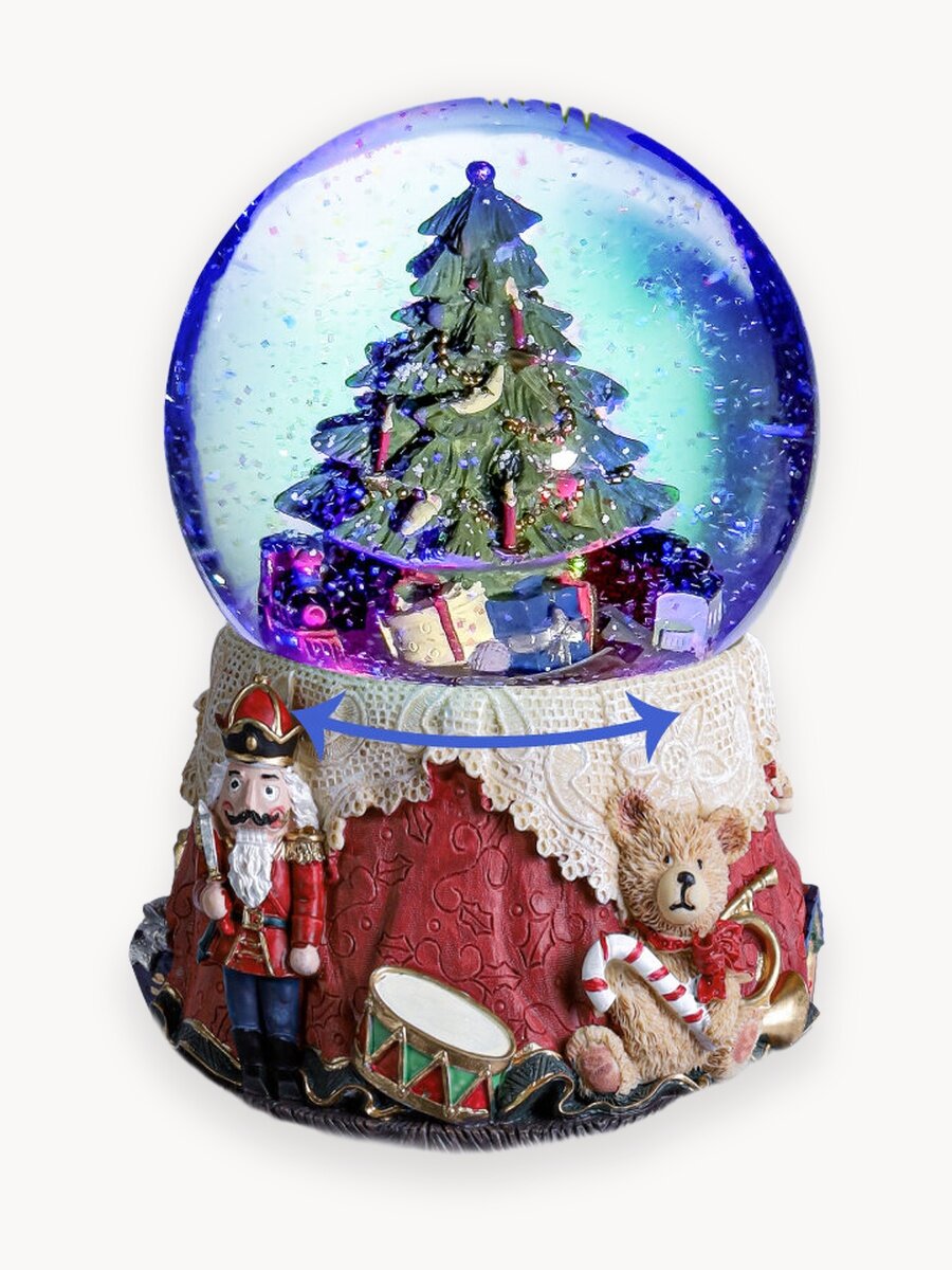 Новогодний снежный шар, подв. полирез. муз "Елочка и поезд" 11.5×11.5×15(LED, 3*LR44 не в комп.)Т-2463