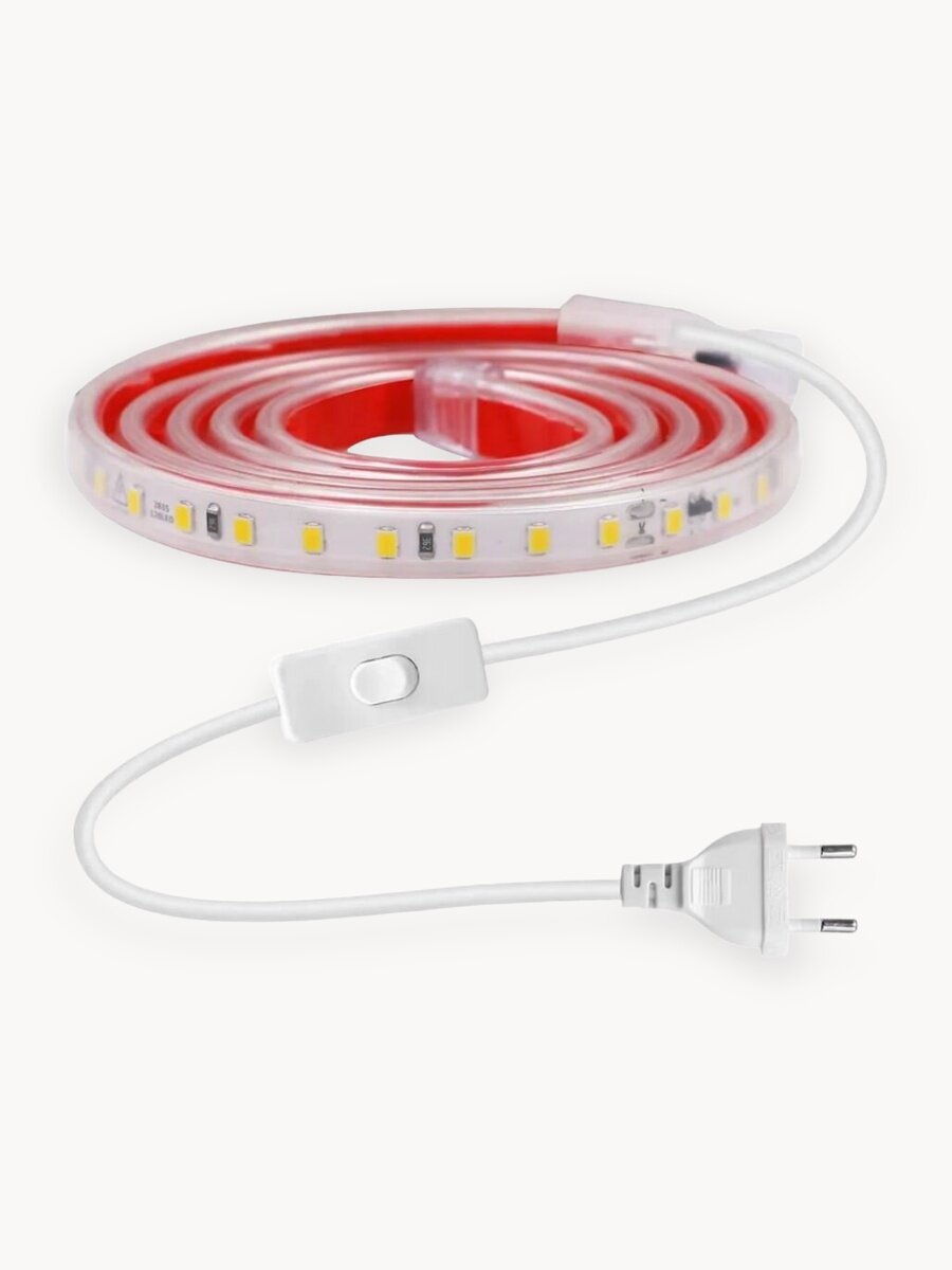 Светодиодная лента для подсветки фасада кухни 1,5м холодного белого света 6500К мощностью 10 Вт/м, самоклеящаяся работает от сети 220В, для декоративного освещения улицы и дома, защита от влаги IP68