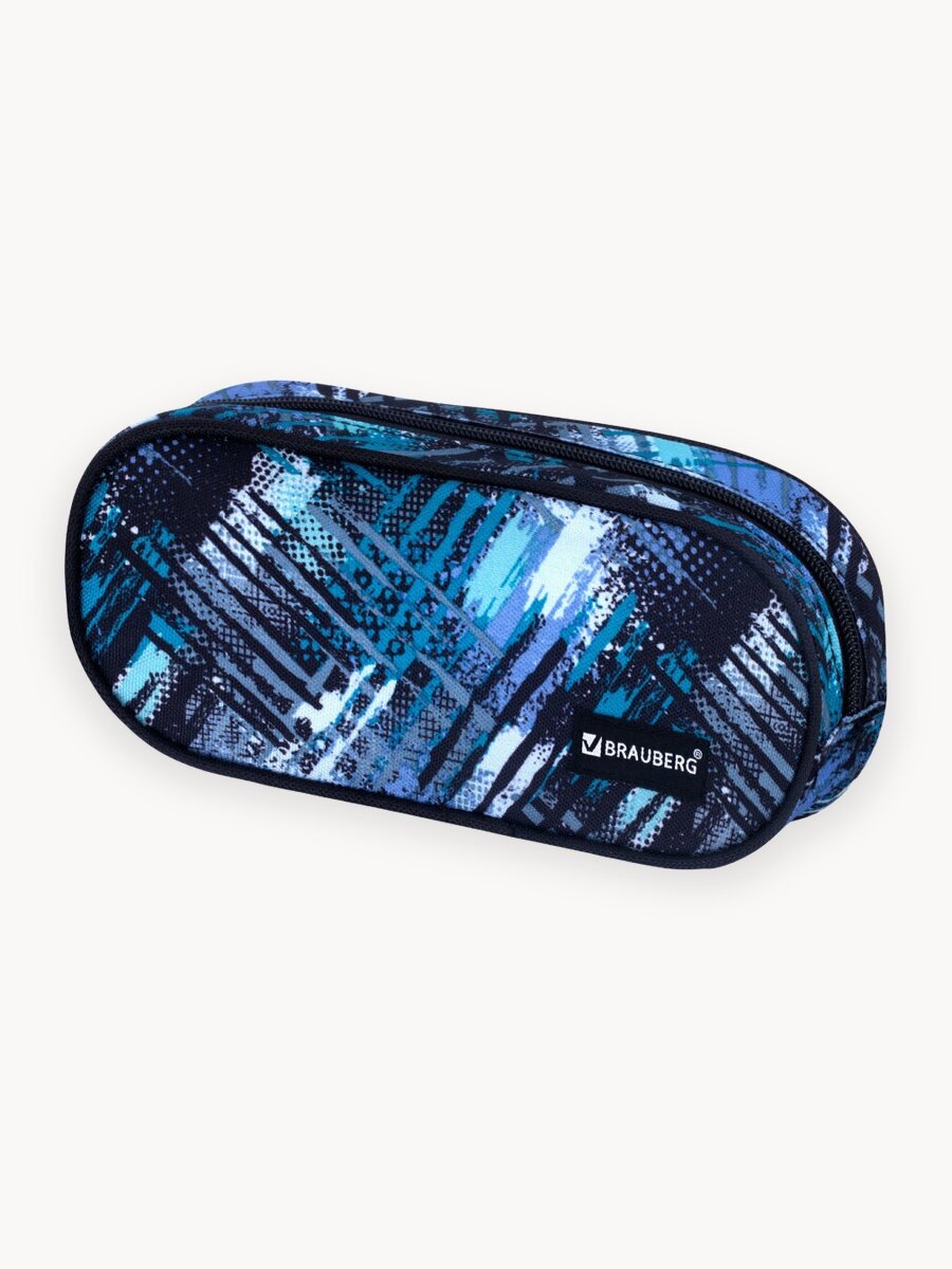 Пенал-косметичка школьный для ручек, карандашей для мальчика / девочки / подростка Brauberg овальный, полиэстер, Lines, 22х9х5 см, 229273