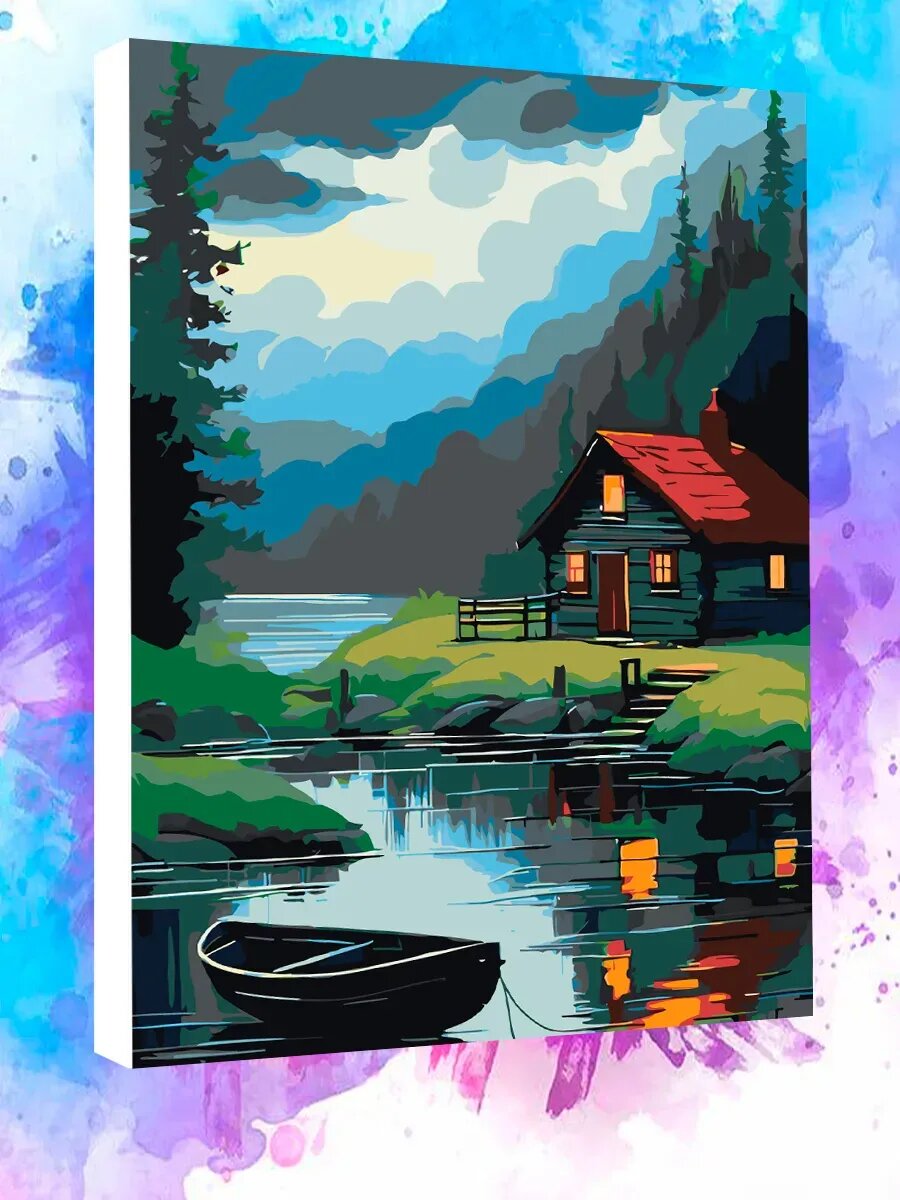 Картина по номерам Дом Лес Река Лодка Природа_Пейзаж