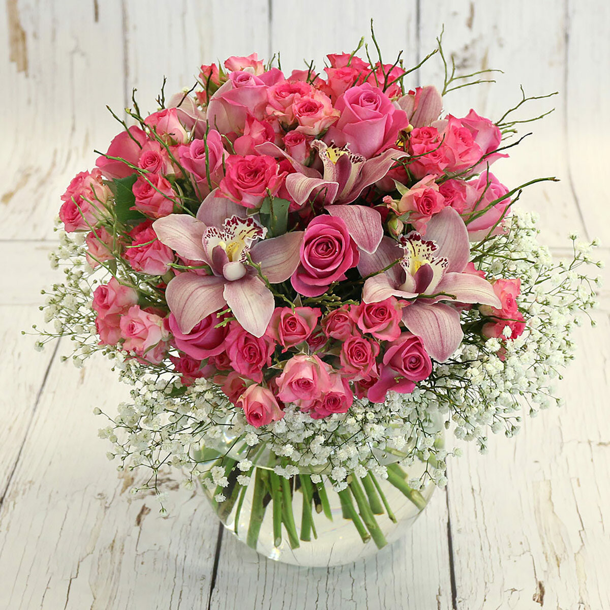 Букет Букет Маркет "Розовые розы и орхидеи", 40 см, на стеблях