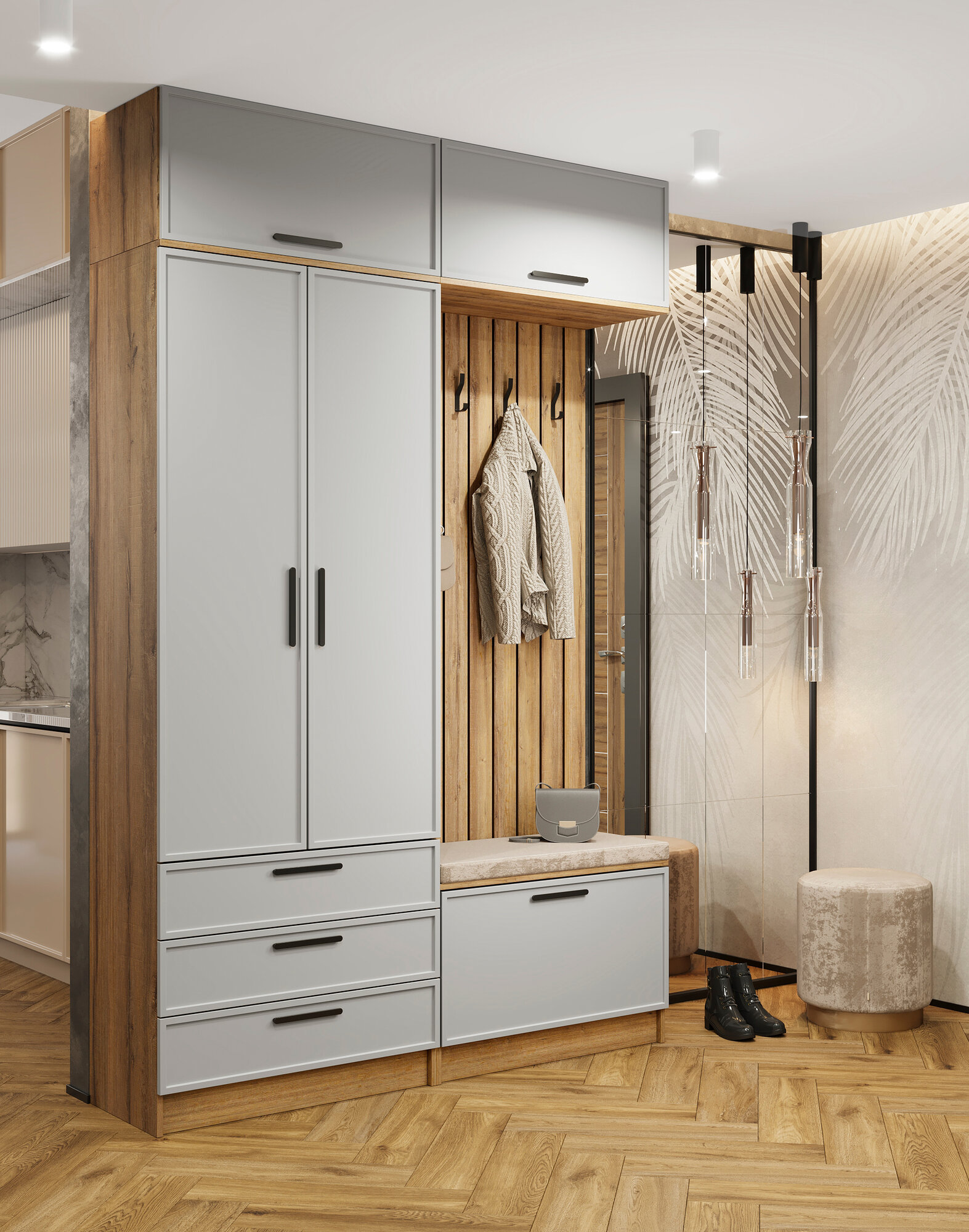 Прихожая Стиль 1.6 метра. МДФ. Модульная. Дуб Вотан/Светло серый