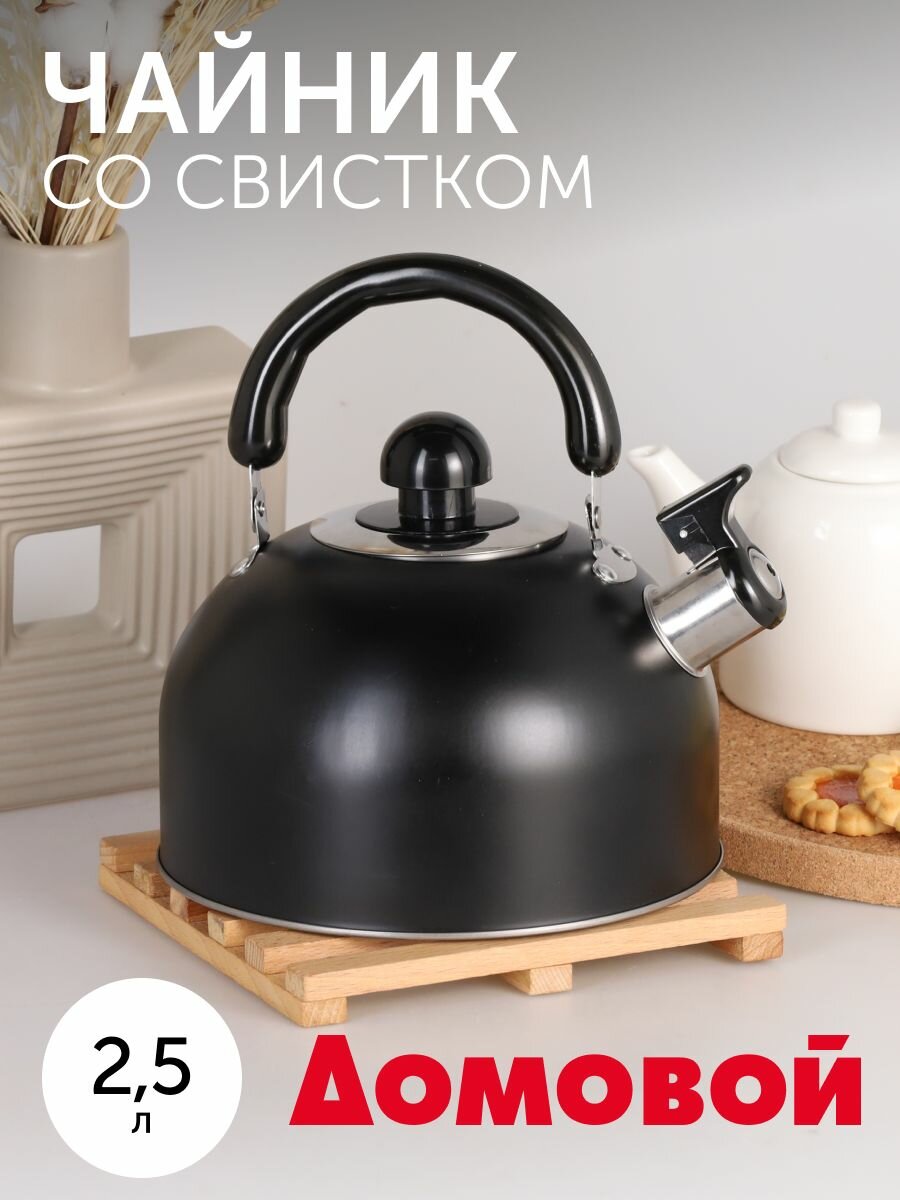 Чайник для газовой плиты со свистком, 2.5 л, нержавеющая сталь, черный