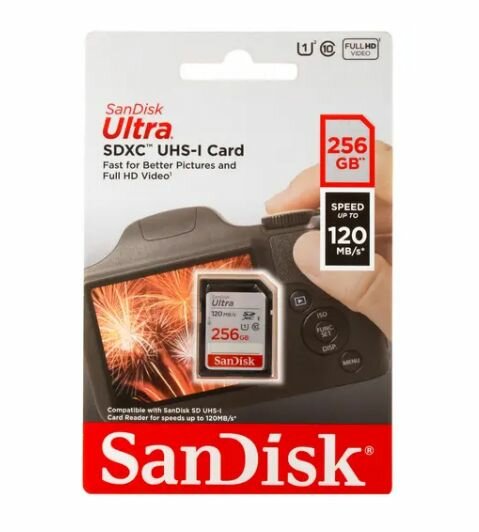 Карта памяти SanDisk Ultra SDXC 256 ГБ (SDSDUN4-256G-GN6IN) - Class 10, UHS Class 1, запись - 120 Мбайт/сек, чтение - 120 Мбайт/сек