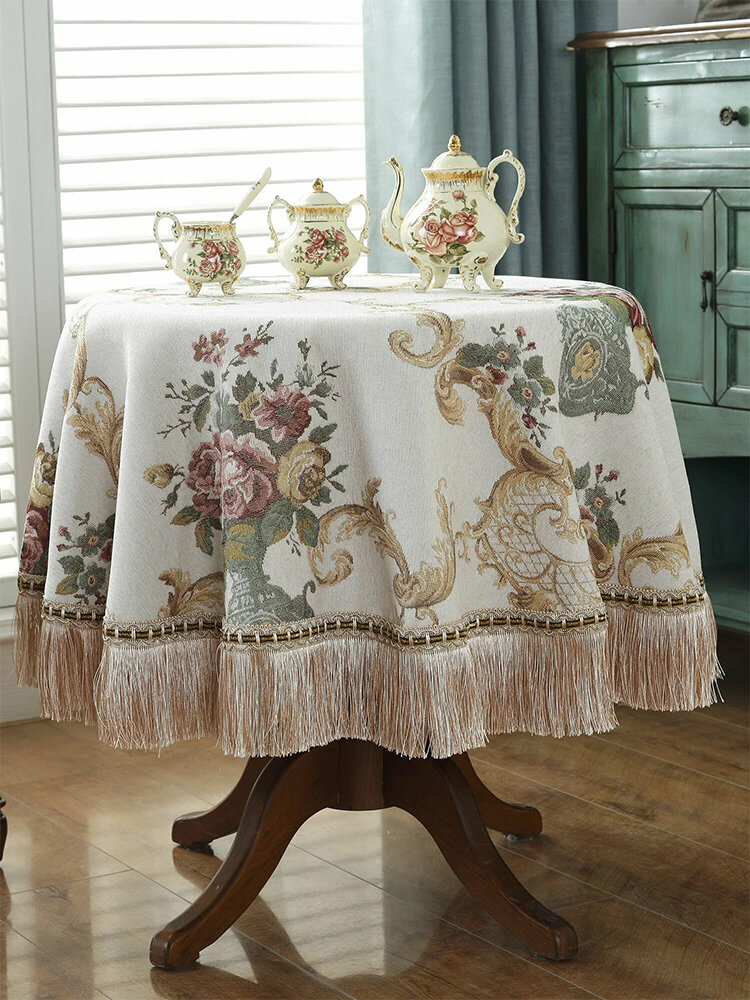 Скатерть жаккардовая полиэстер/хлопок, 140x140cm, Жаккардовая овальная скатерть, Скатерть круглая хлопковая "Цветы графит"