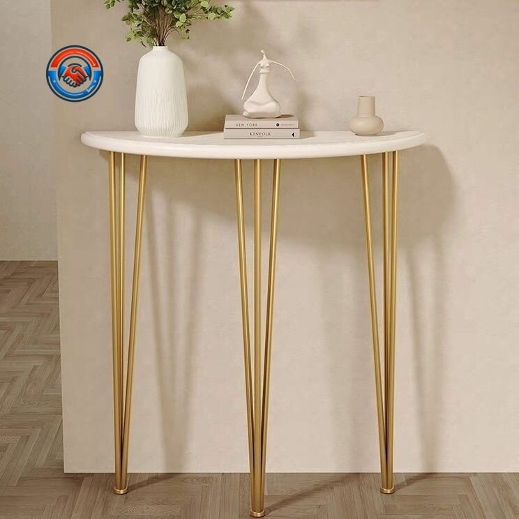Полукруглая настенная консоль для прихожей, сосновая столешница и золотой металлический каркас, компактный столик для декора и хранения, устойчивое крепление к стене
