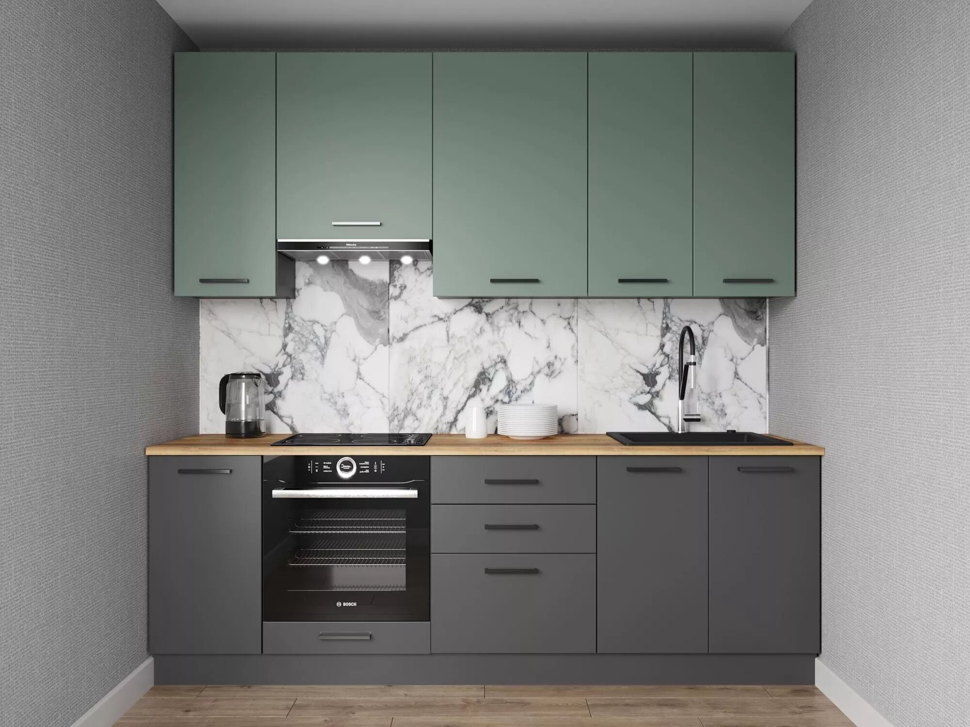 Кухонный гарнитур Sanvut Изумруд-2400 столешница 26мм, каркас ЛДСП, фасад ЛДСП, Антрацит/Муссон