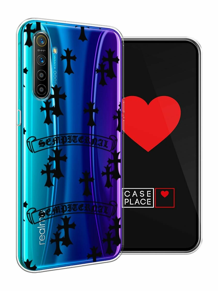 Чехол на Realme XT / Реалми XT с принтом "Кресты паттерн чёрный", прозрачный — фото 1
