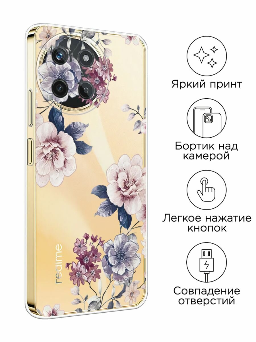 Чехол на Realme 11 4G / Реалми 11 4G с принтом "Нежные винтажные цветы", прозрачный — фото 1