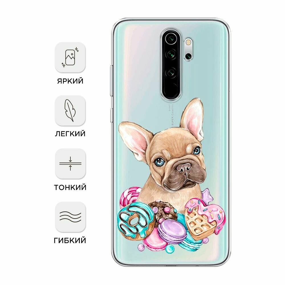 Чехол на Xiaomi Redmi Note 8 Pro / Сяоми Редми Нот 8 Про с принтом "Бульдог и сладости", прозрачный — фото 1