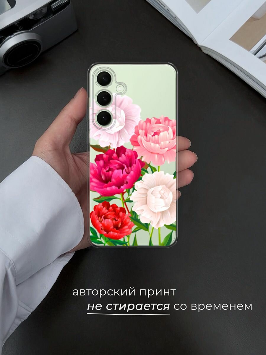 Чехол на Samsung Galaxy S25 Plus / Самсунг S25 Плюс с принтом "Большие пионы", прозрачный — фото 1