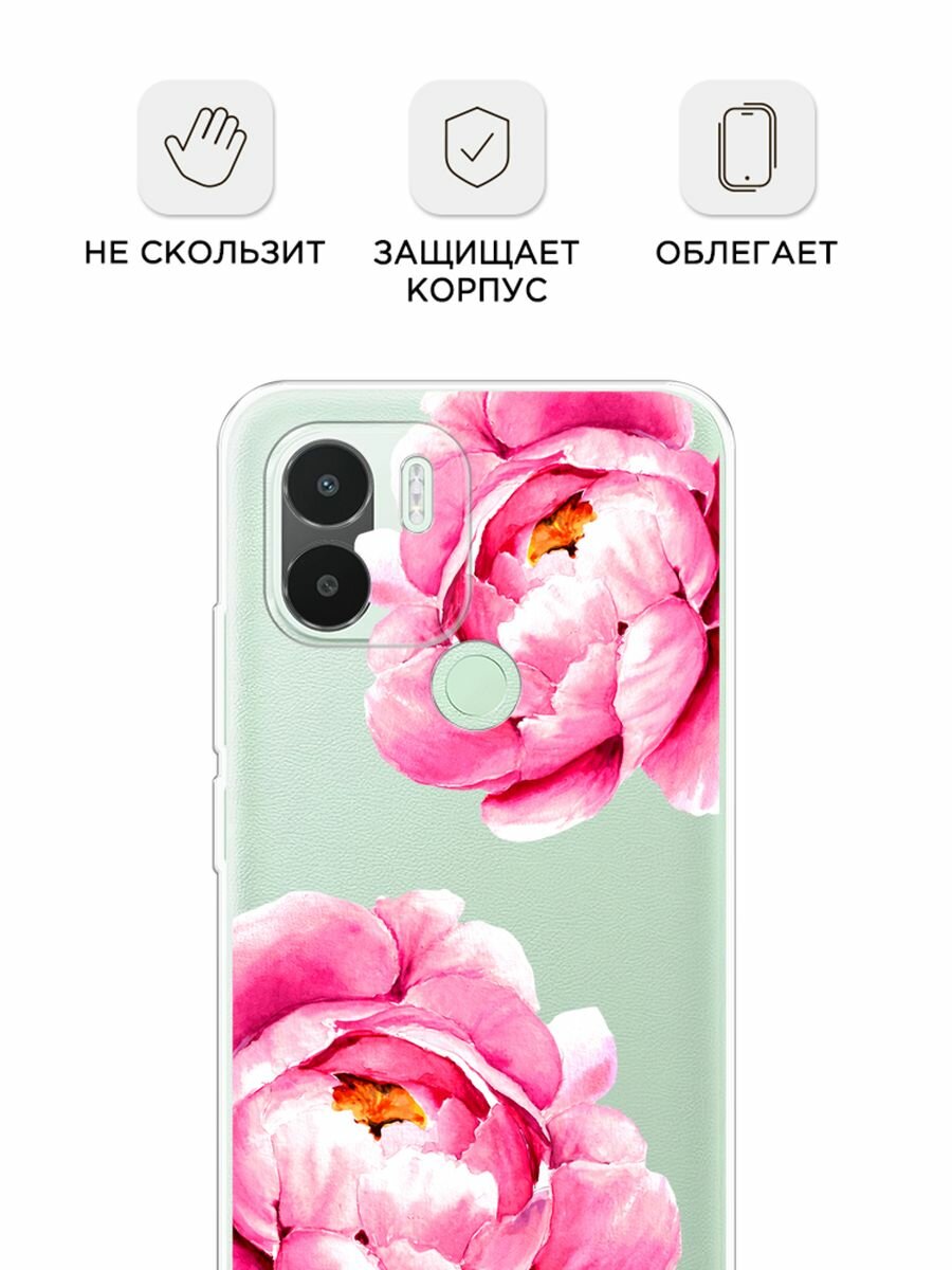 Чехол на Xiaomi Redmi A1+/Redmi A2+/Poco C51/C50 / Редми A1+ с принтом "Open peonies", прозрачный — фото 1