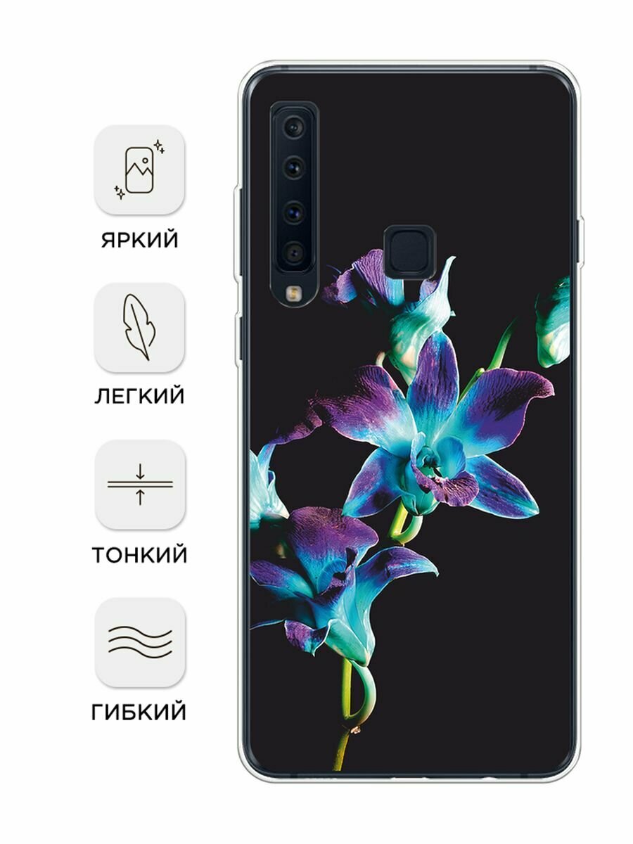 Чехол на Samsung Galaxy A9 2018 / Самсунг Галакси А9 2018 с принтом "Синий цветок на черном" — фото 1