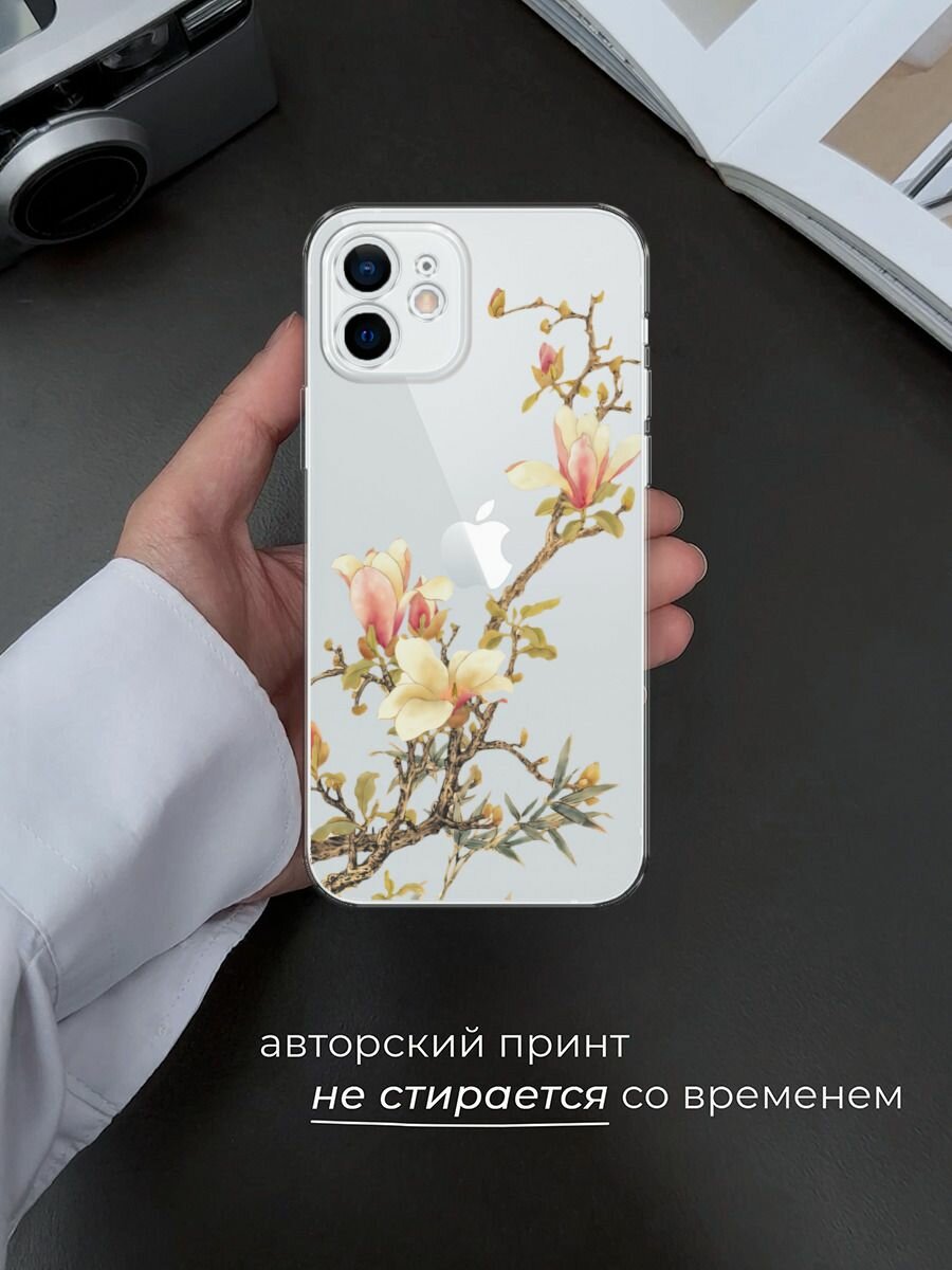 Чехол на Apple iPhone 12 mini / Айфон 12 Мини с принтом "Ветка с цветами", прозрачный — фото 1