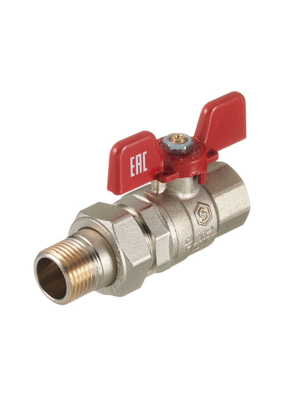 Кран шаровой латунный SVB 1/2 ВР(г) х 1/2 НР(ш) полнопроходной бабочка со сгоном прямой