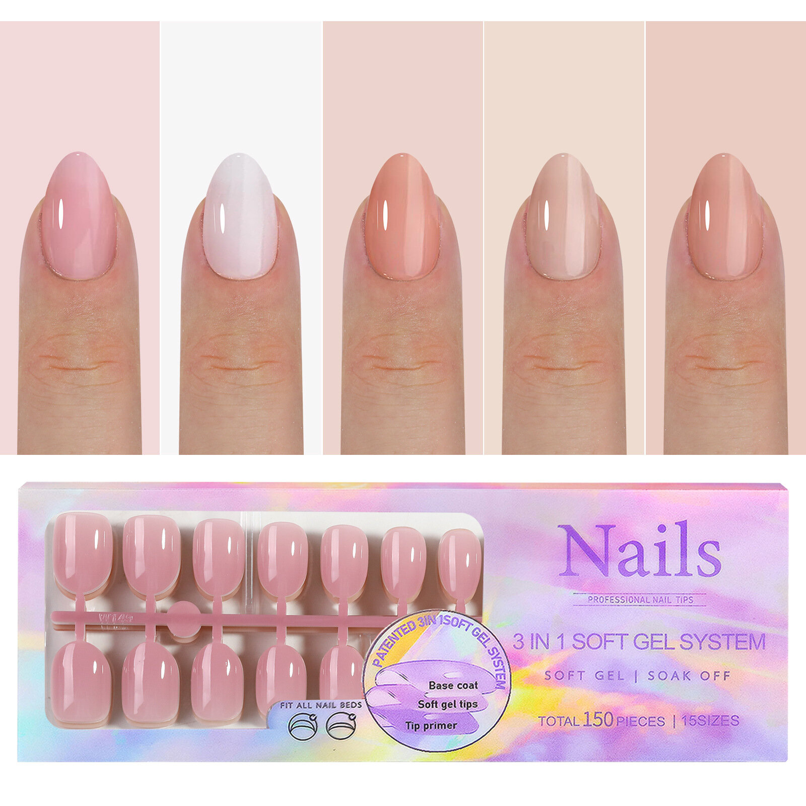 5 Colors Soft Gel Nail Tips Pre-applied Base Coat Tip Primer Pre-made Fake Nails 15 Sizes False Nail Tips for Nail Art DIY 15 sizes 5 colors 01 02 03 04 05 06 07 08 Optional Package Size 22*8*1.5cm 8.66*3.15*0.59in Package Weight 50g 1.76oz 1 Box of Nail