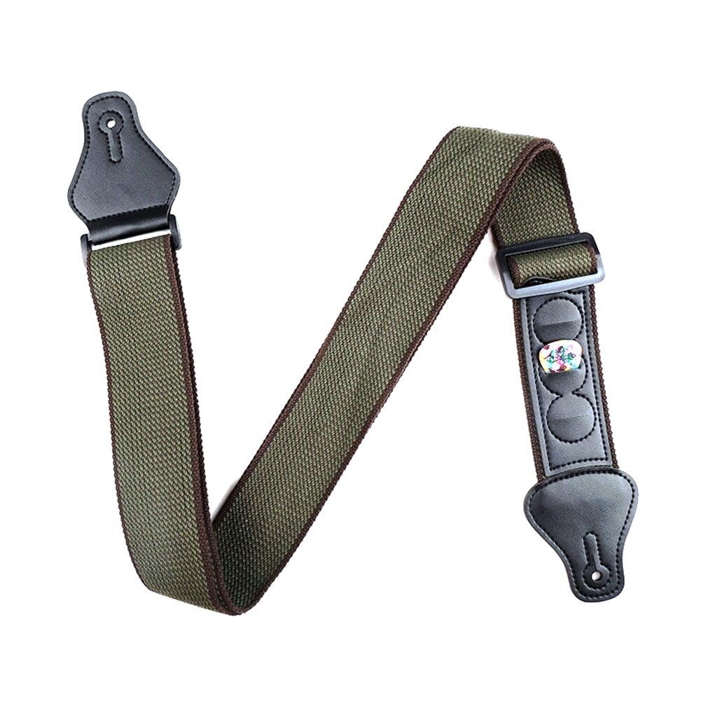 Ремень для гитары из хлопка для фолк гитары электрогитары хлопковый ремень со скролл ремнем 5 палочек и 2 резиновые застежки ремня, цвет черный/хаки/зеленый, материал ремня хлопок, материал концовок ПУ кожа, ширина 5см, регулируемая длина 33-55 дюймов,