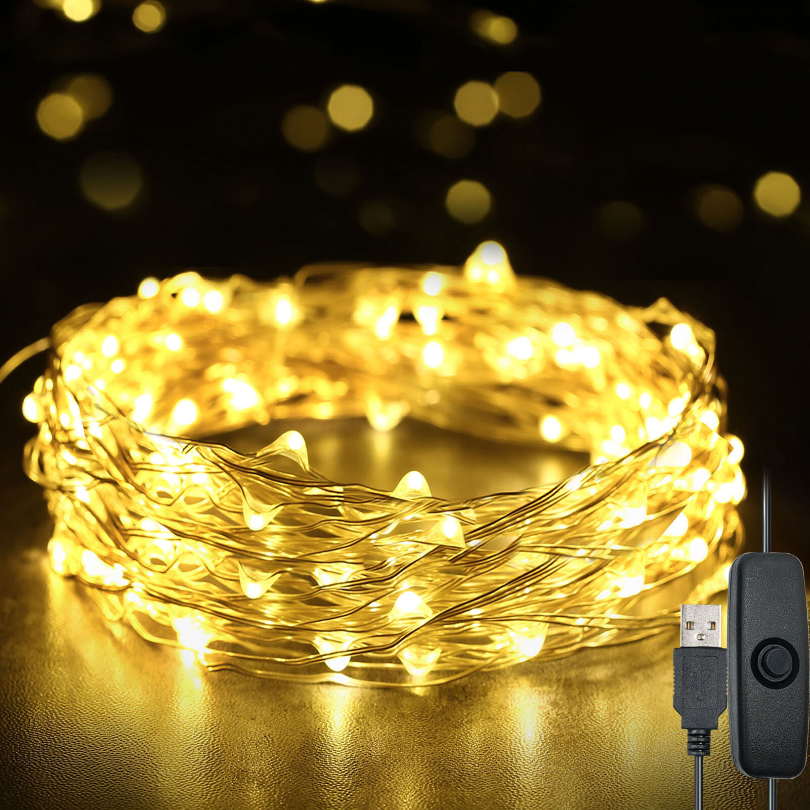 Гирлянда 12 м, 120 светодиодов, USB, водонепроницаемая, IP65, теплый белый цвет, для Рождества, свадьбы, для помещений и улицы - серебряный провод