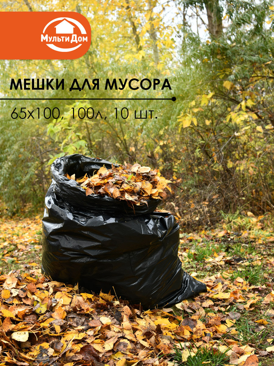 Мешки для мусора 100 литров 10 штук, ПВД, сверхпрочные, 65x100 см, черные