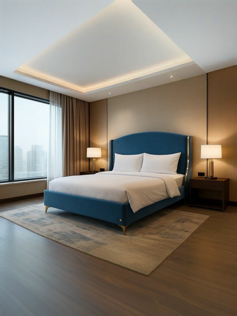 Двуспальная кровать NOTTE Joyce с мягким изголовьем, 160х200 см, неоклассика, натуральный велюр, голубой, молдинг золото глянец