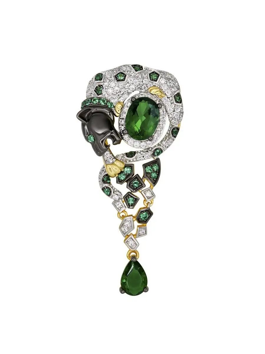 Брошь, серебро, 925 проба, фианит, изумруд синтетический