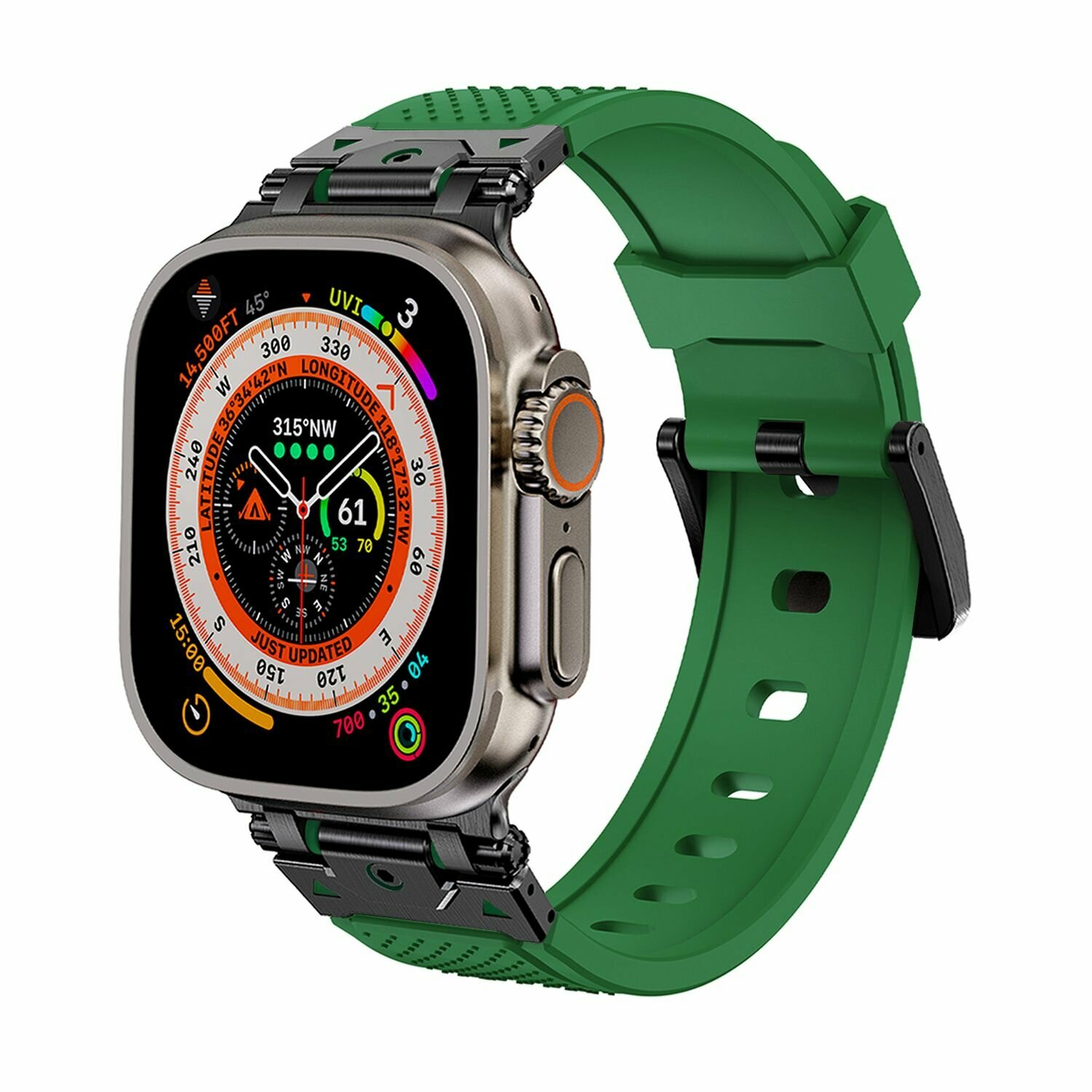 Ремешок из ТПУ для Apple Watch Ultra 2 49 мм / 46 мм / 45 мм / 44 мм / 42 мм, сменный резиновый Спортивные браслет для Apple iWatch Ultra SE Series 10 9 8 7 6 5 4 3, черный-зеленый