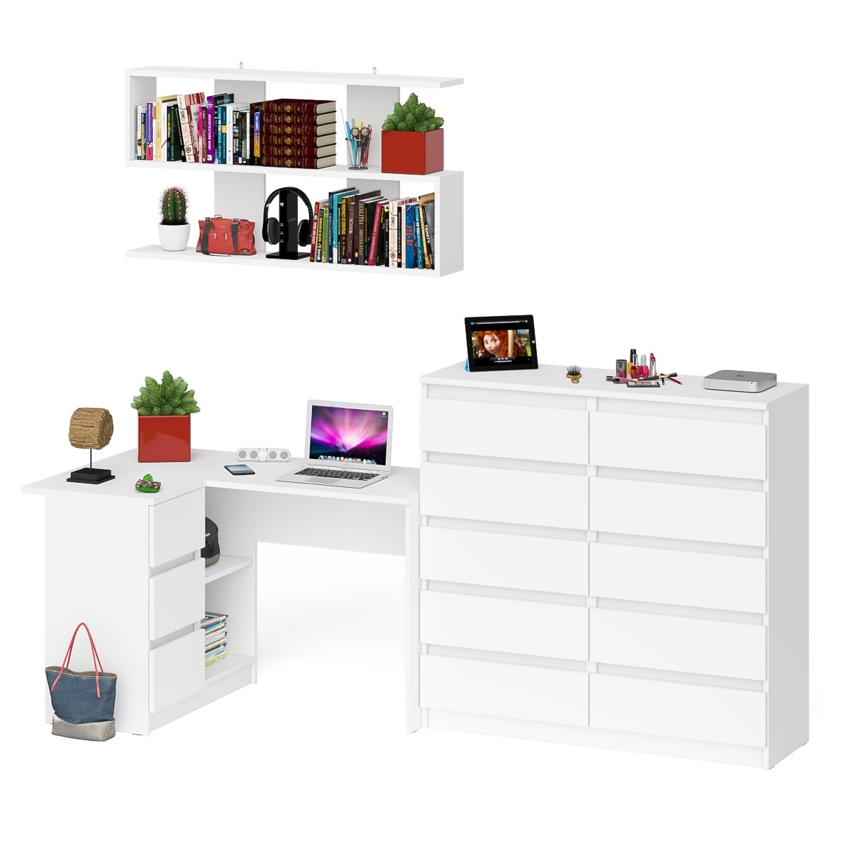 Стол угловой компьютерный Мори МС-16 левый с комодом на 10-ть ящиков и полкой на 1200 белый, 244,8х84,9х209,6 см