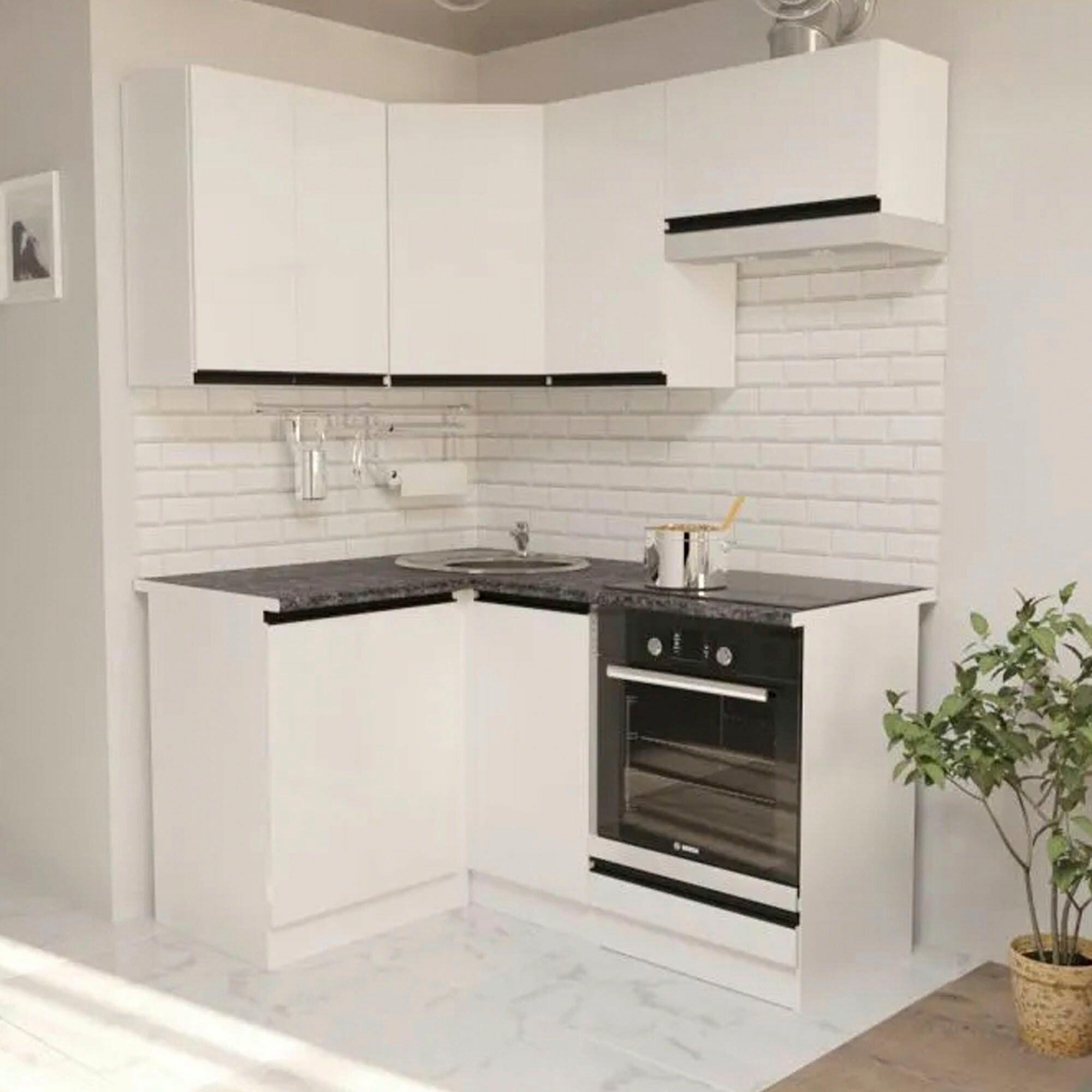 Кухонный гарнитур Лотос мега прайм 120*160 см, цвет Белый глянец, модульная, со столешницей, угловой, с выдвижными ящиками, с полками