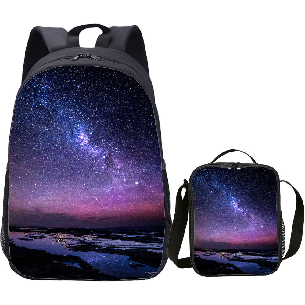 Школьная сумка Cosmic Starry Sky с цветной печатью 17-дюймовый большой емкости для учеников начальной школы Школьная сумка для обеда Костюм
