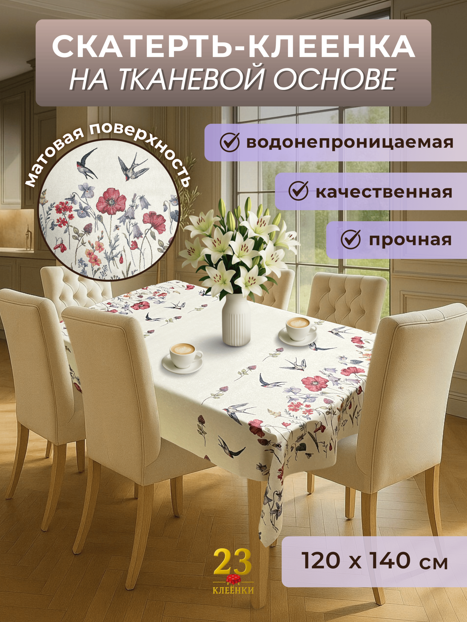 Клеенка на стол Луговые Цветы, Оксфорд, ПВХ 120x140 см