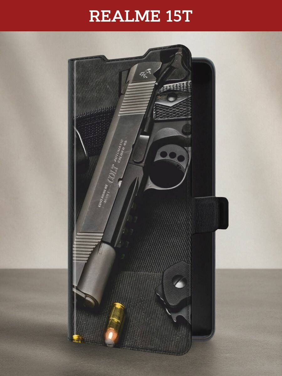 Чехол-книжка на Realme 15T / Реалми 15Т с рисунком Черный пистолет, черный