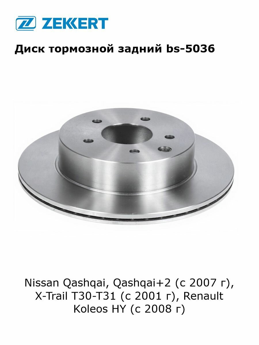 Диск тормозной задний для Nissan Qashqai, Qashqai+2 (с 2007 г), X-Trail T30-T31 (с 2001 г), Renault Koleos HY (с 2008 г) арт bs-5036