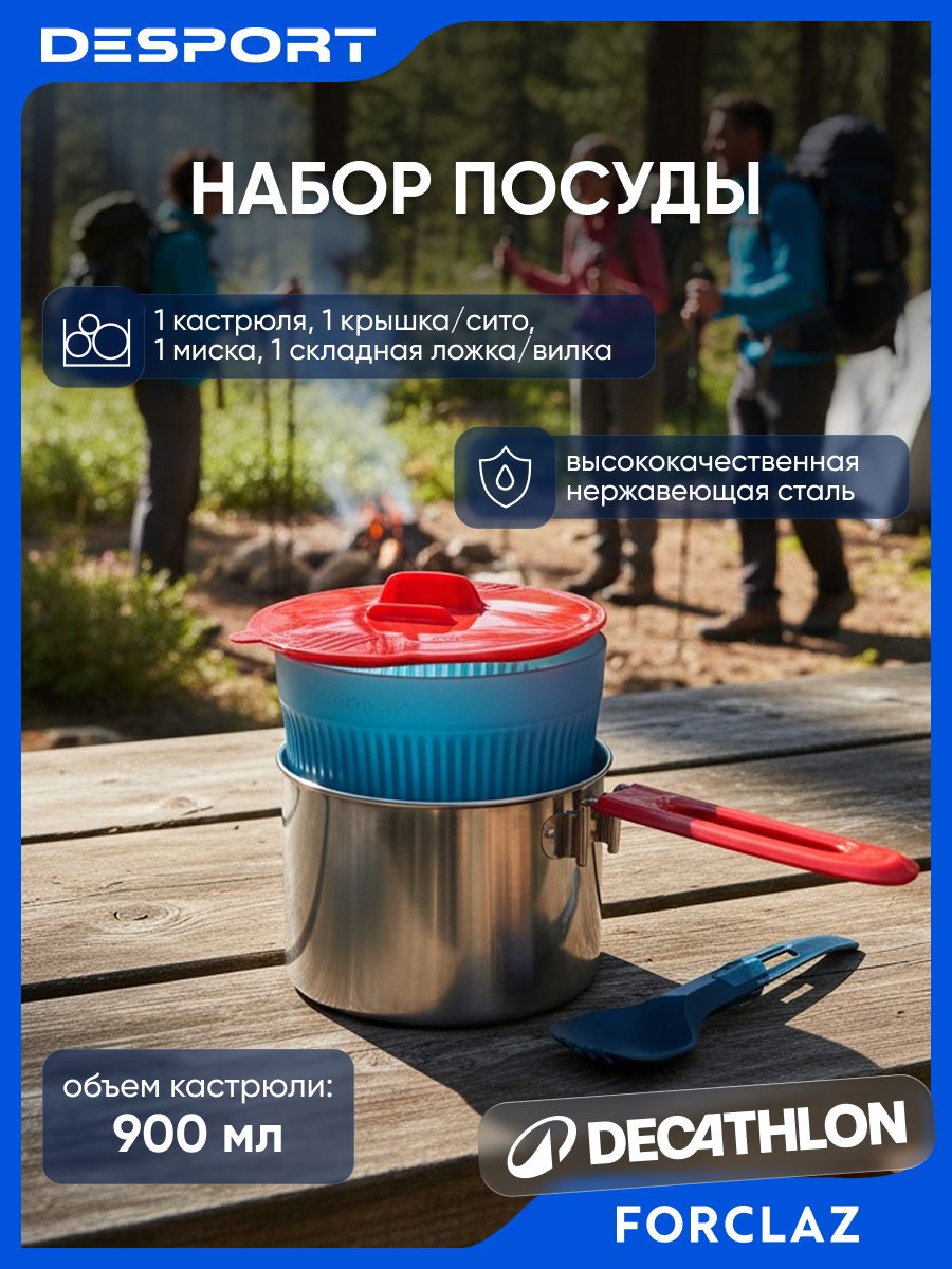 Набор посуды серебристый Forclaz, 4 предмета, нержавеющая сталь