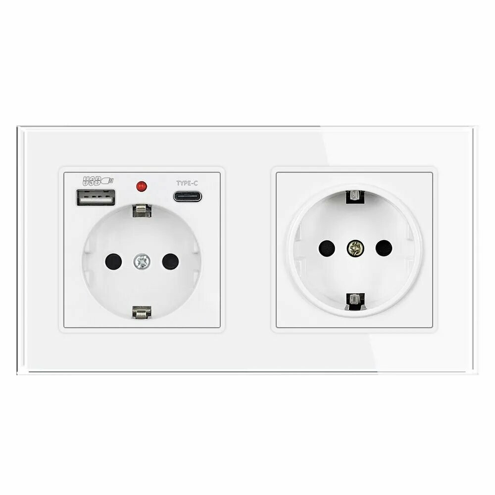 Розетка тройная 3 поста с USB+Type-c-портами, 16А 250В, со шторками, рамка закаленное стекло, цвет белый,1шт.