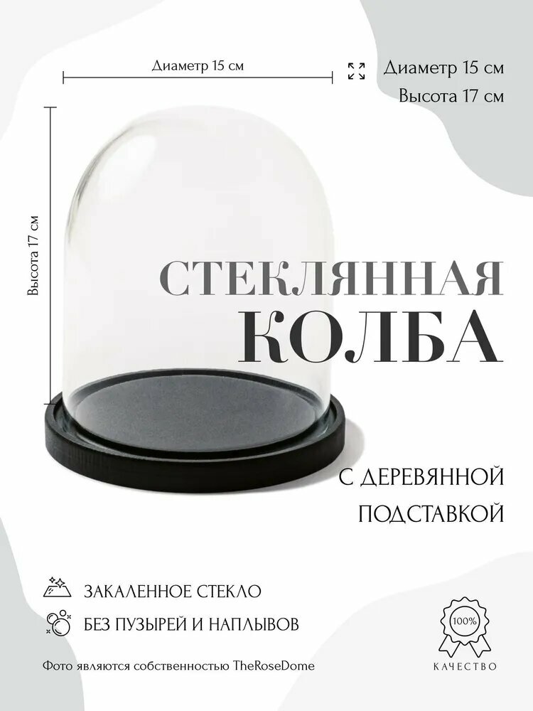 Стеклянная колба (Колпак, клош, купол) с деревянной черной подставкой для розы в колбе TheRoseDome, размер 15/17см