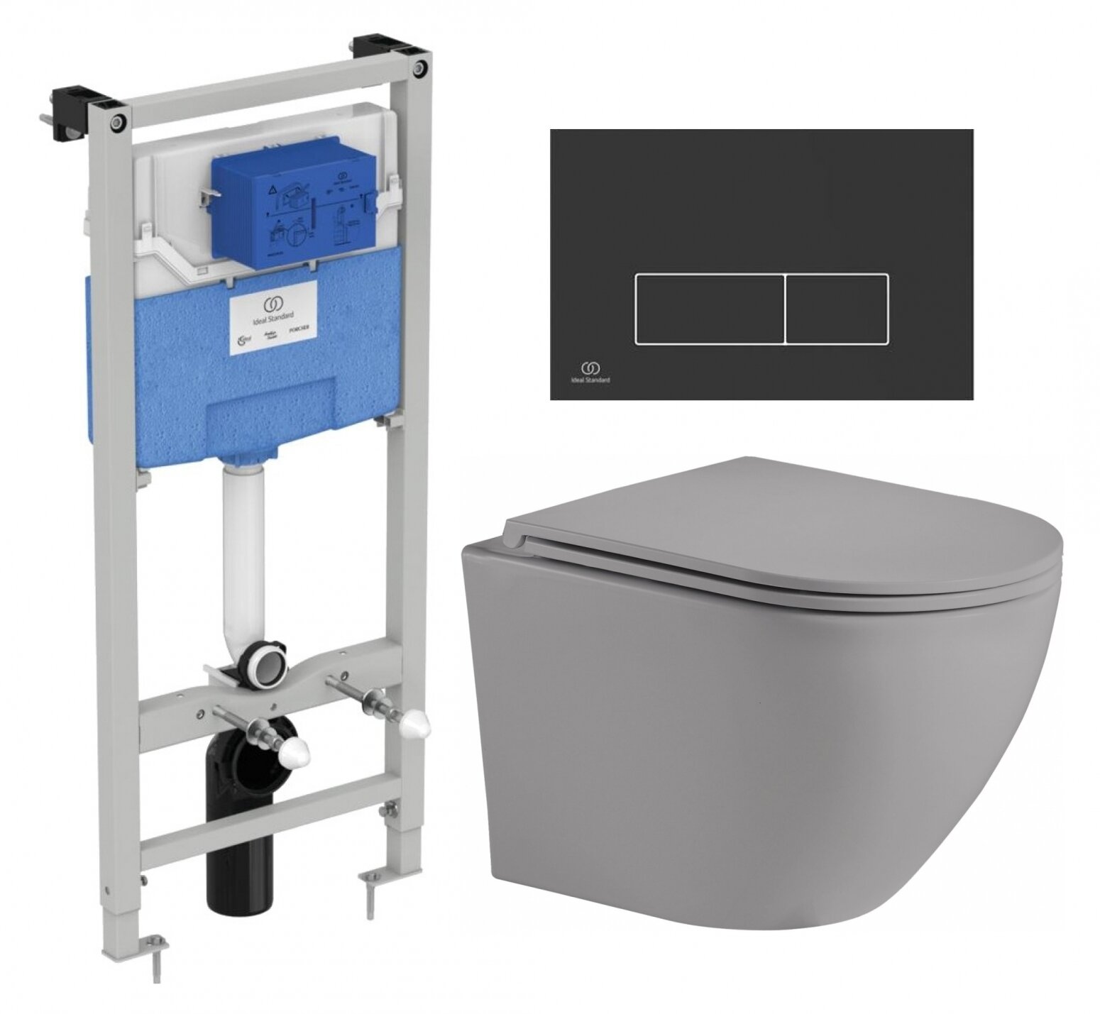 Комплект 3 в 1 инсталляция Ideal Standard + Унитаз подвесной Weltwasser WW Merzbach 043 MT-GR + кнопка черная
