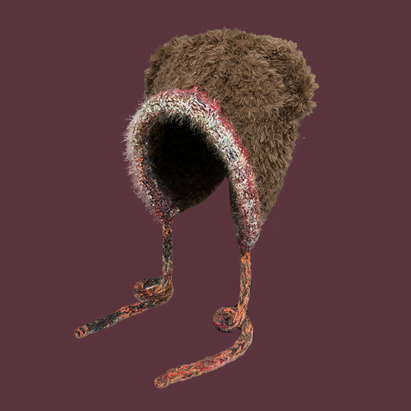 Новинка 2024, разноцветная плюшевая шапка с медвежьими ушками, женская зимняя теплая вязаная шерстяная шапка с защитой ушей, пуловер, шапка