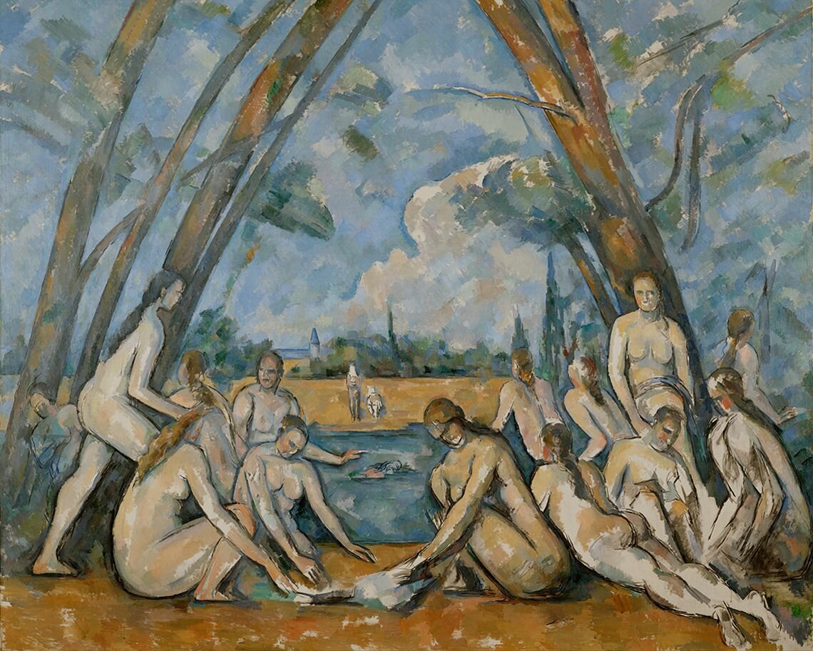Репродукция/Картина/Поль Сезанн "Большие купальщицы"/Интерьерная фреска на доске/30х24см