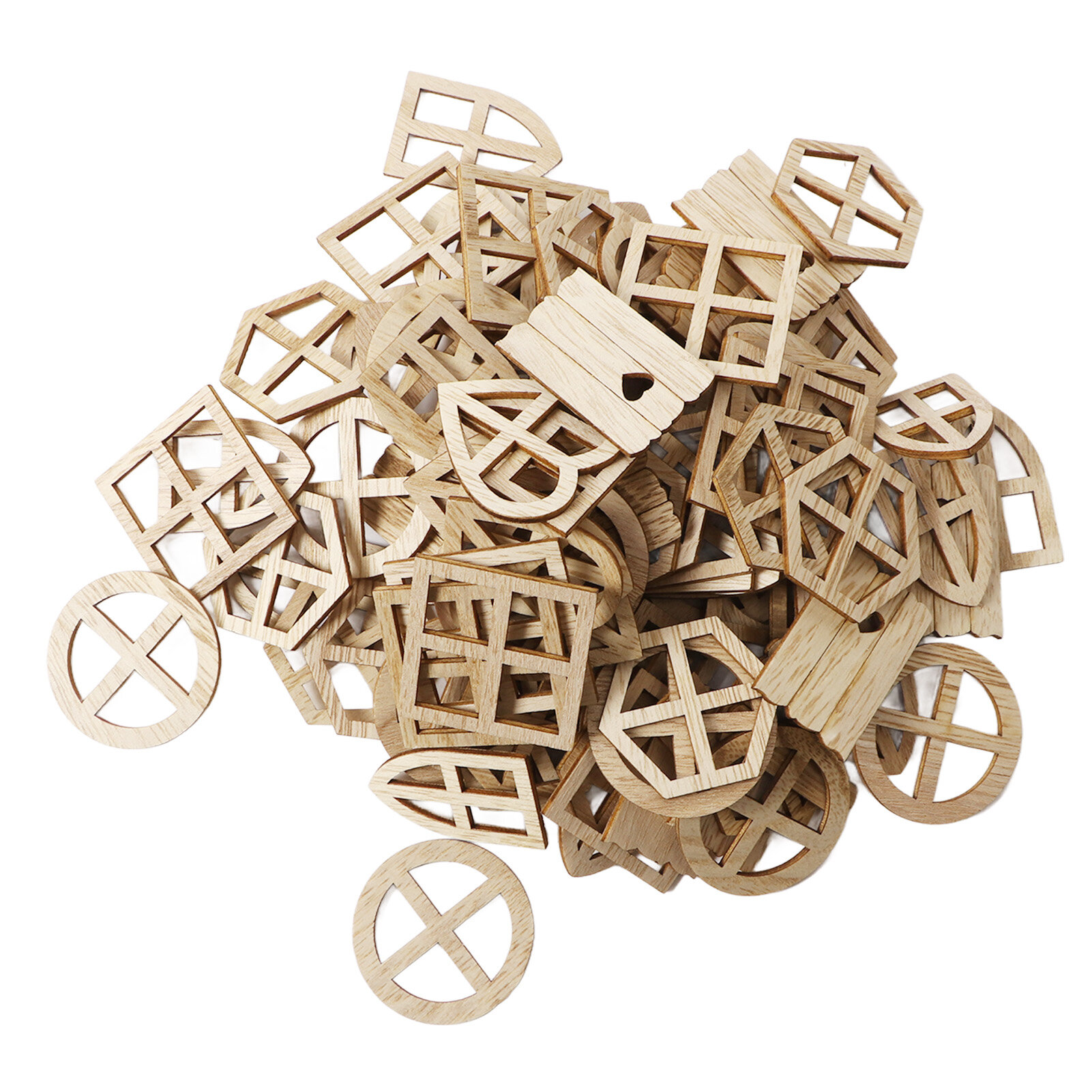 100 шт. необработанных деревянных оконных вырезов, многоцелевые самодельные деревянные срезы для детских поделок, домашнего декора, деревянные фигуры ручной работы