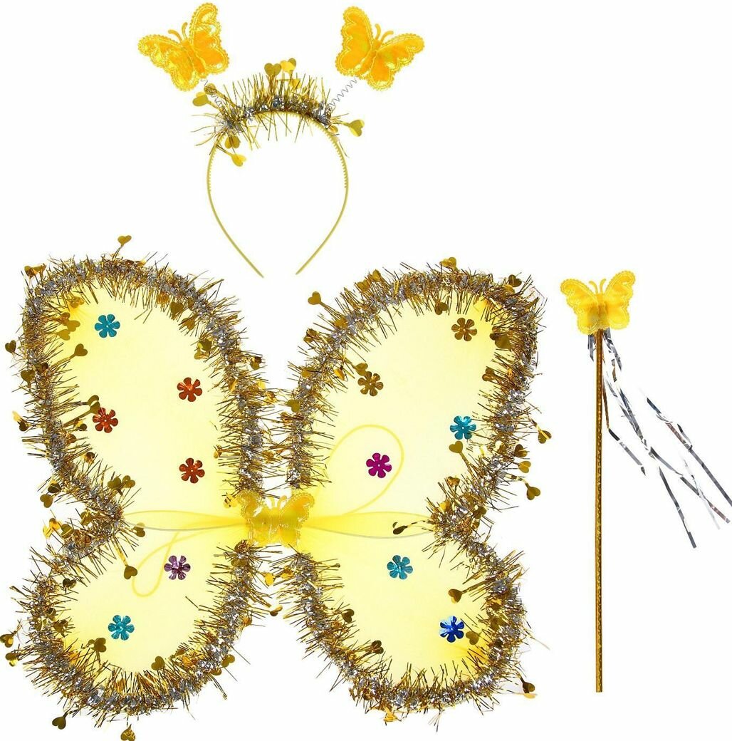Детский карнавальный набор "Бабочка": крылья, ободок и жезл, костюм для девочки на праздник или утренник, цвет золотой